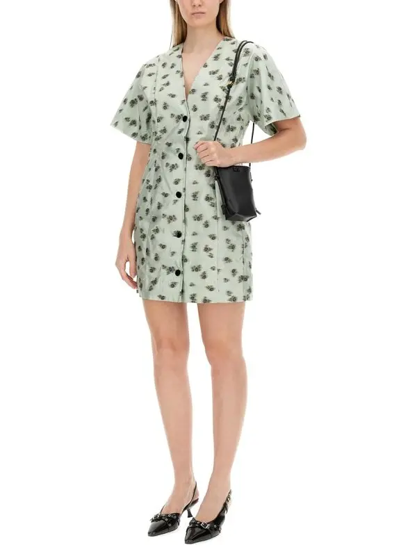 GANNI Floral Print Short Sleeve Mini Dress - Green