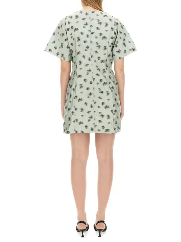 GANNI Floral Print Short Sleeve Mini Dress - Green