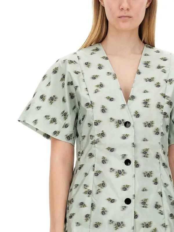 GANNI Floral Print Short Sleeve Mini Dress - Green