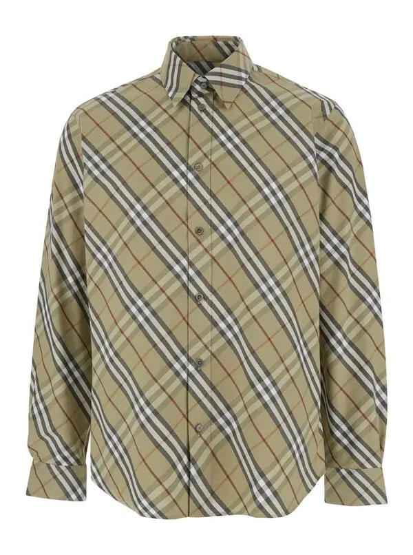 Burberry Beige Shirt With Pointed Collar And All-over Check Motif In Cotton - Multicolor