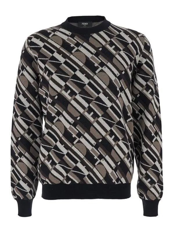 Fendi Crewneck Sweater With All-over Geometric Motif In Wool - Brown
