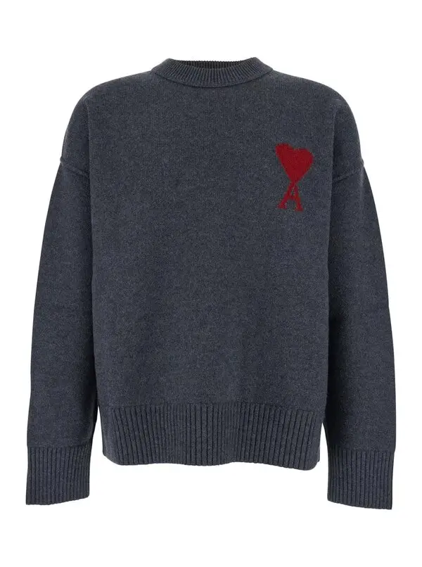 AMI Paris Wool Crewneck Sweater With Drop Shoulder - Gray