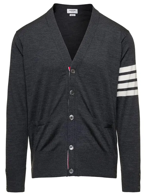 Thom Browne Grey Cardigan With V-neck And Stripe Detail In Wool For - Gray