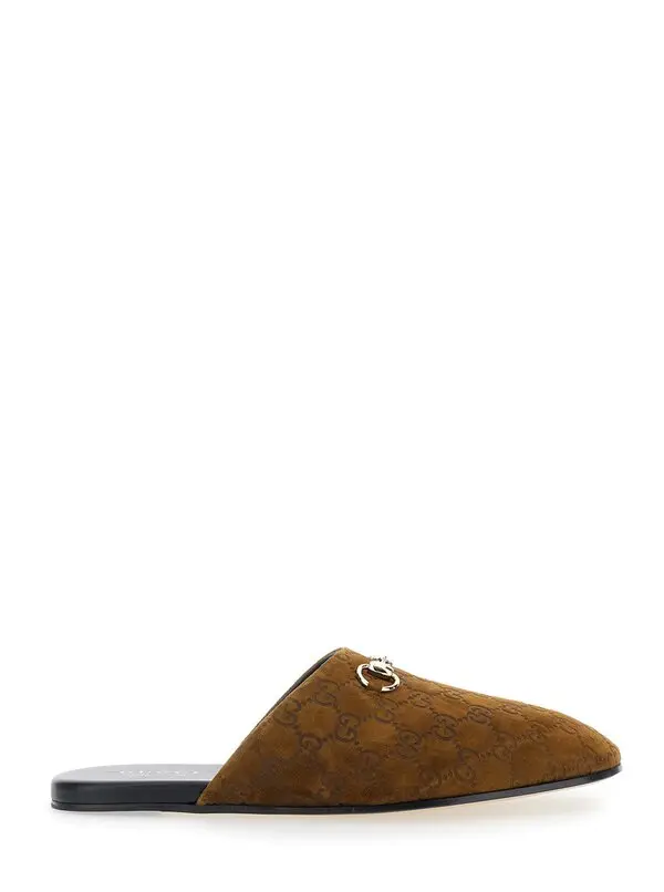 Gucci Mule With Horsebit On The Front And All-over Gg Motif In Suede - Brown