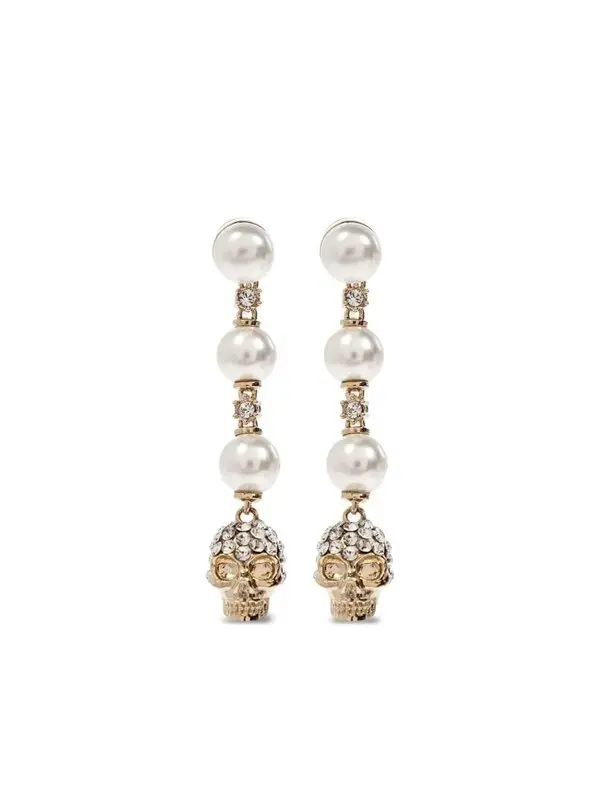 Alexander McQueen Skull And Pearl Earrings In Pale Gold - Silver