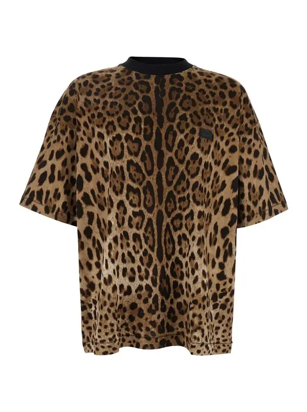 Dolce & Gabbana Brown T-shirt With All-over Leopard Motif In Cotton - Multicolor