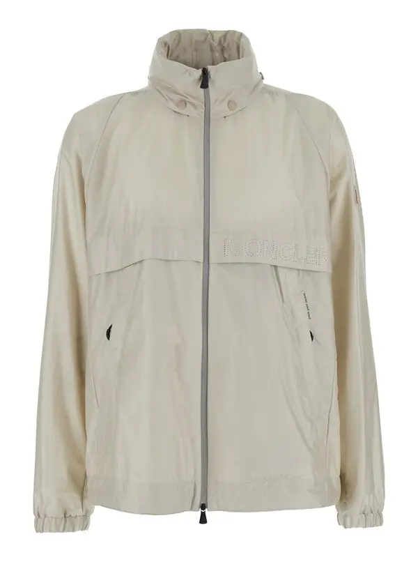 Moncler Negara' Beige Jacket With Logo Print On The Front And Removable Hood In Tech Fabric - Multicolor