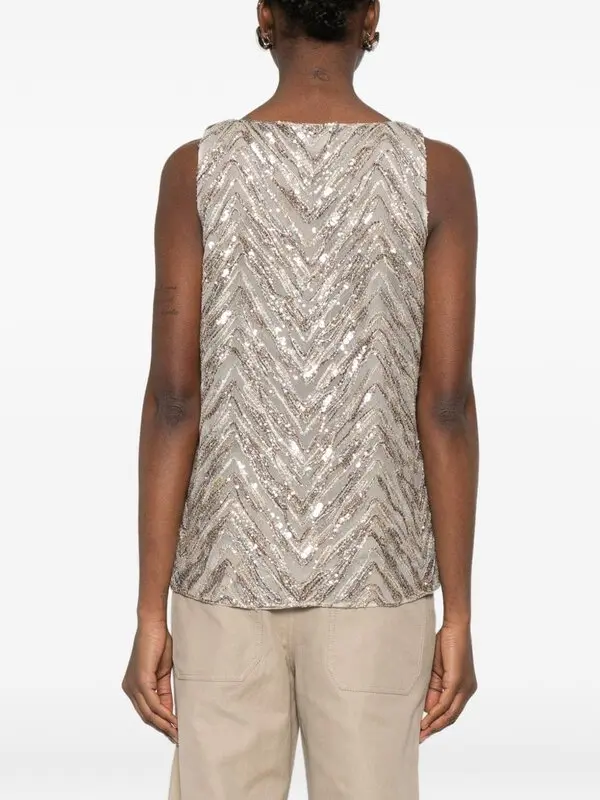 Brunello Cucinelli Sequin Embellished Chevron Scoop Neck Sleeveless Top - Multicolor