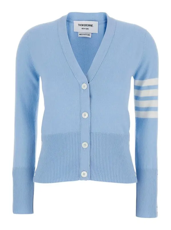 Thom Browne Light Blue Cardigan With V-neck And 4bar Logo On Sleeve In Cashmere For - Multicolor