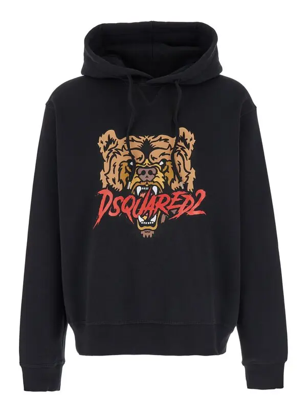 Dsquared2 Black Hoodie With Drawstring Hood And Maxi Logo Print On The Front In Cotton - Multicolor