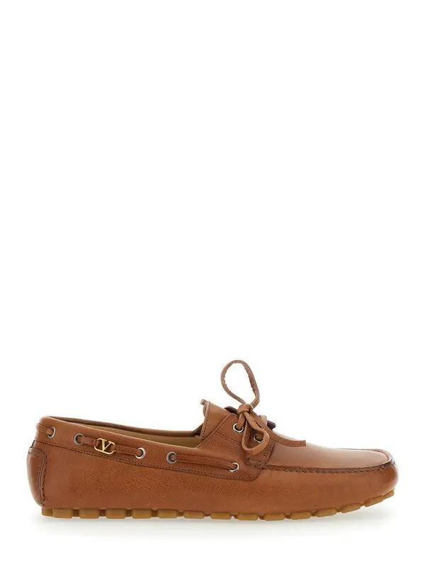 Valentino Garavani Fastaway' Loafers With Vlogo Plaque And Decorative Laces With Logo In Leather - Brown