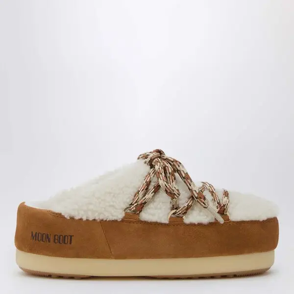 Moon Boot White Shearling And Suede Mules - Brown