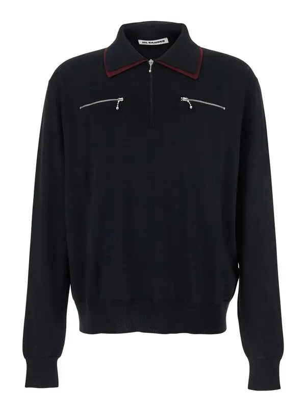 JIL SANDER Black Sweater With Classic Collar And Front Zip Pockets In Wool