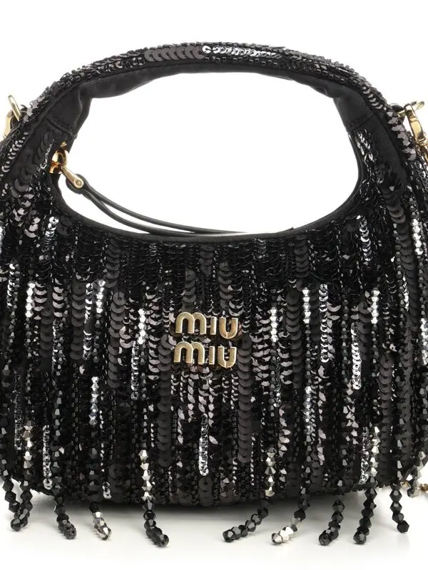 Miu Miu Wander Mini Satin Bag With Crystal And Sequin Fringes - Black
