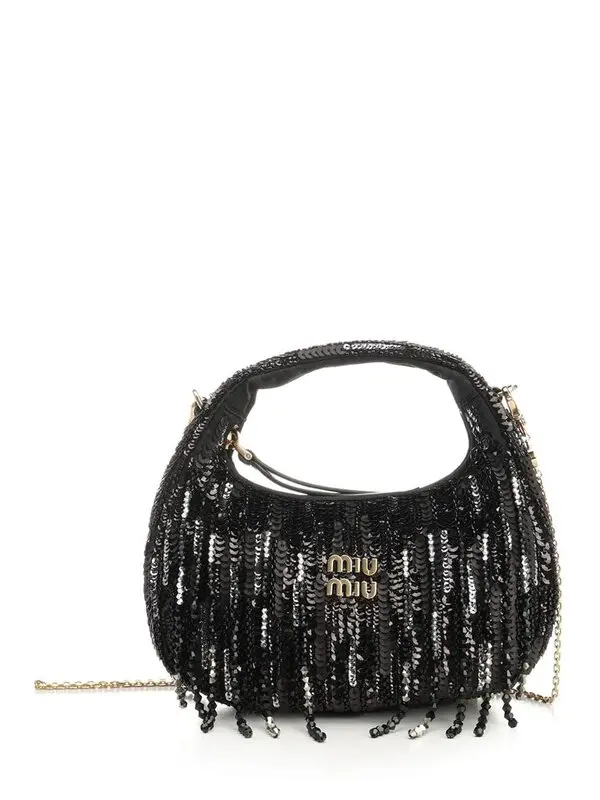 Miu Miu Wander Mini Satin Bag With Crystal And Sequin Fringes - Black
