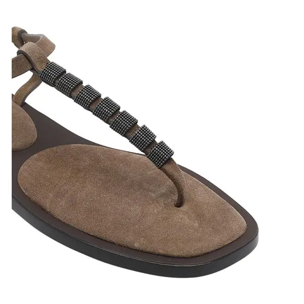 Brunello Cucinelli Leather Rhinestone Slide Sandals - Brown