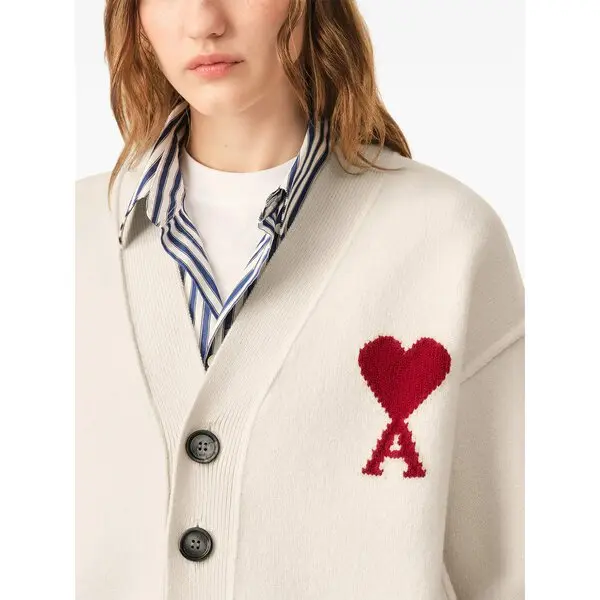 AMI Paris Wool De Coeur Cardigan - Cream
