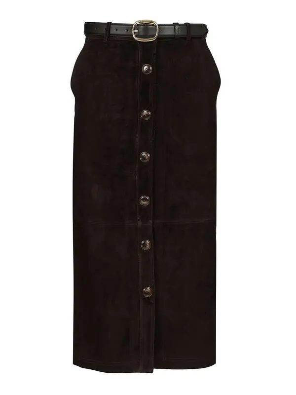 SELF-PORTRAIT Suede Midi Skirt - Brown