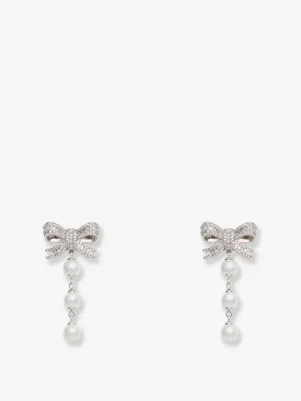 SELF-PORTRAIT Crystal Bow Pearl Droplet Earrings - Silver