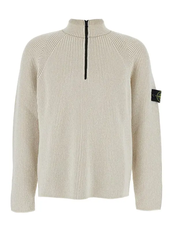 Stone Island White Sweater With Logo Patch On The Sleeve And Front Half Zip Closure In Wool Stretch - Multicolor