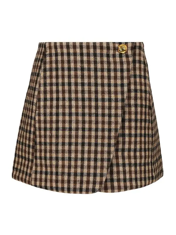 GANNI Checked Wool Mini Skirt - Brown