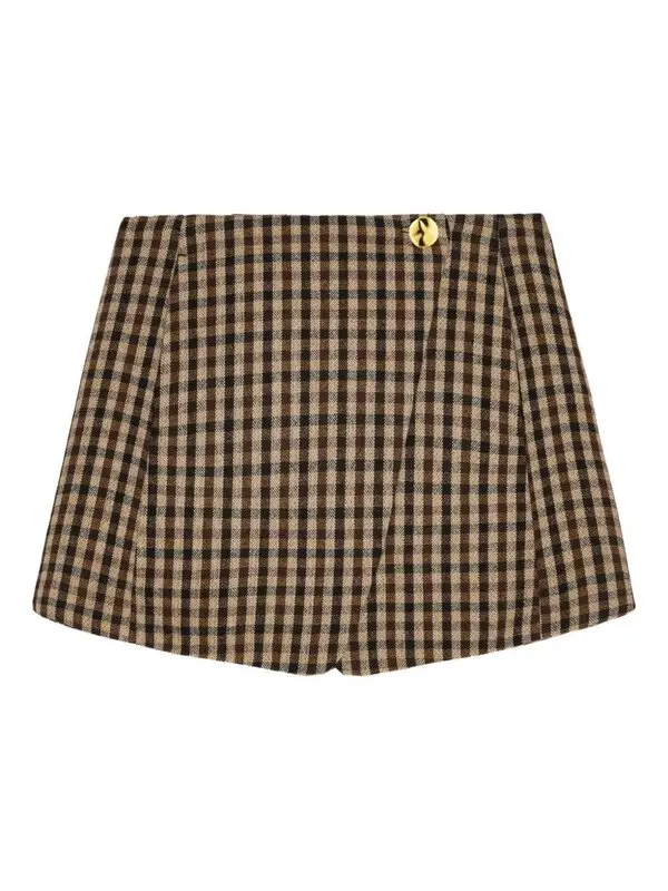 GANNI Checked Wool Mini Skirt - Brown