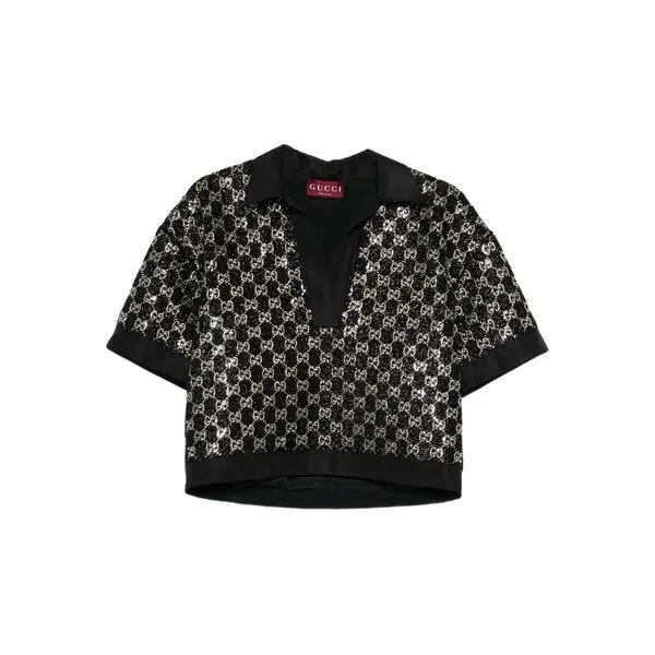Gucci Sequin Embellished Short Sleeve Cropped Top - Black