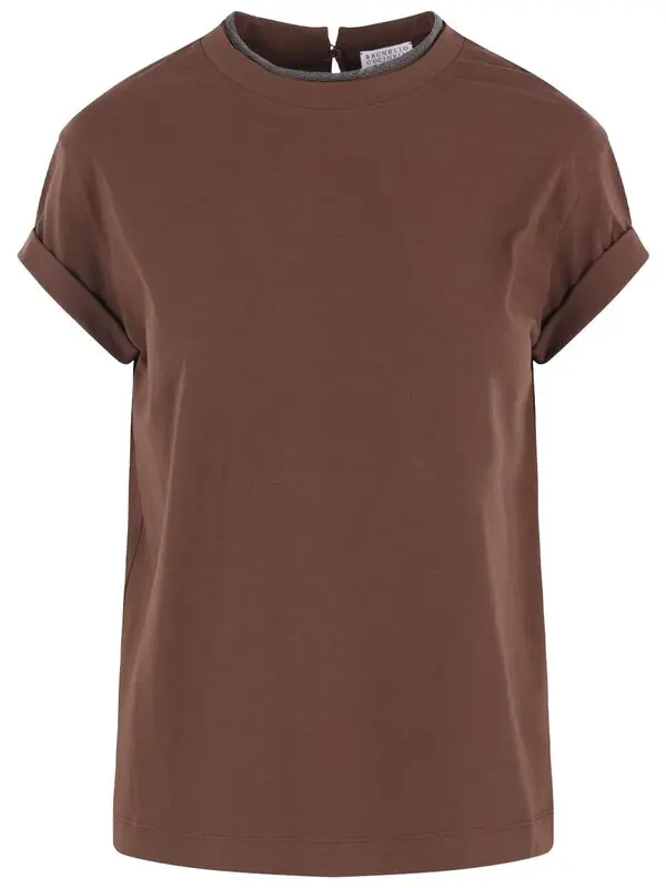 Brunello Cucinelli Stretch Cotton Jersey T-shirt With Precious Faux Layering - Brown