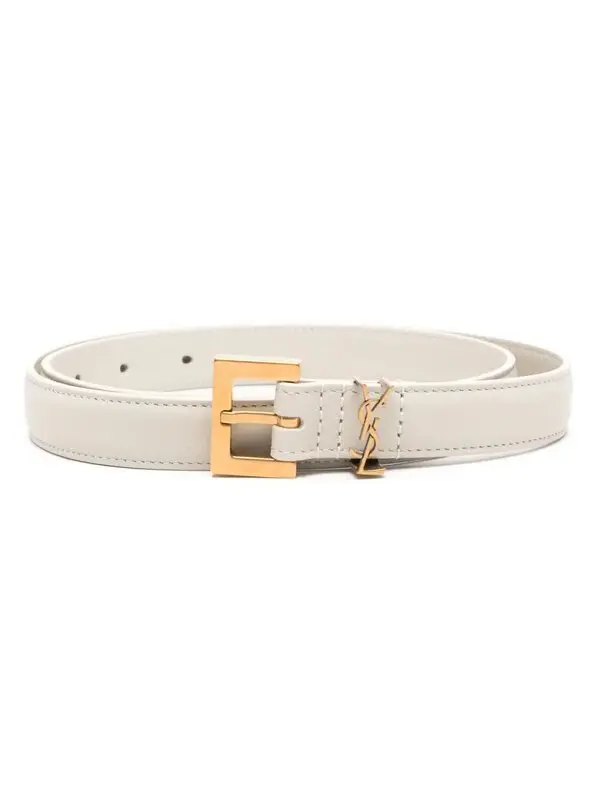 Saint Laurent Cassandre Thin Belt With Square Buckle In Box Leather - White