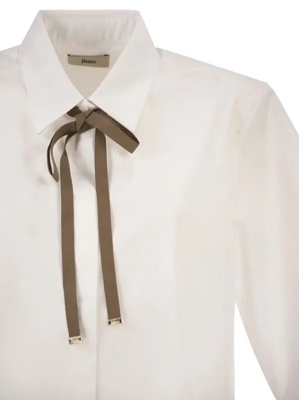Herno Cropped Cotton Shirt With Ribbon Bow - White