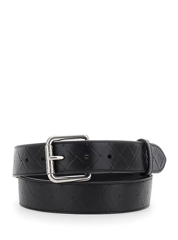 Bottega Veneta Black Belt With Intrecciato Motif And Buckle Closure In Leather - Multicolor