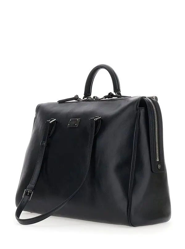 Dolce & Gabbana Black Leather Shoulder Bag With Logo Plate - Multicolor