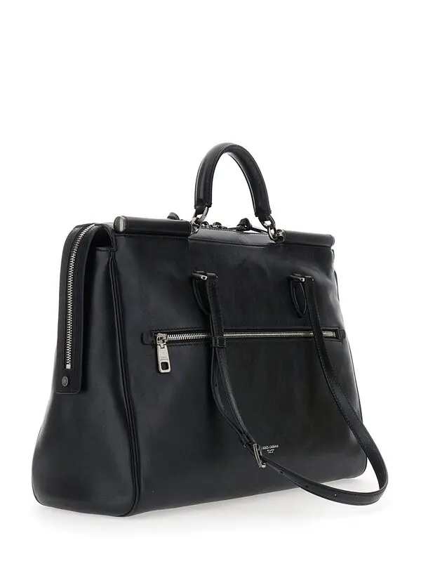 Dolce & Gabbana Black Leather Shoulder Bag With Logo Plate - Multicolor