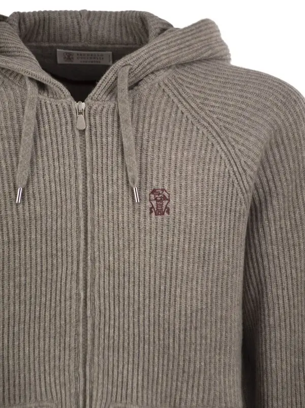 Brunello Cucinelli English Rib Cashmere Knit Hooded Topwear - Gray