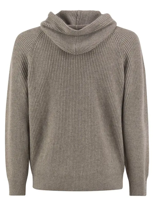 Brunello Cucinelli English Rib Cashmere Knit Hooded Topwear - Gray