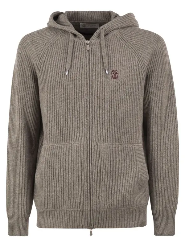 Brunello Cucinelli English Rib Cashmere Knit Hooded Topwear - Gray