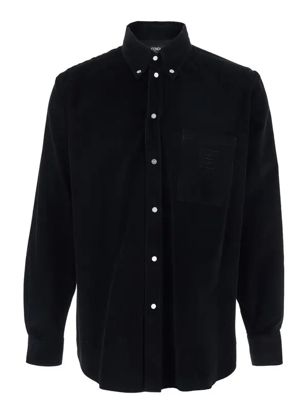 Fendi Shirt With Button-down Collar And Ff Embroidery On Front In Ribbed Cotton For