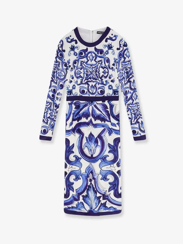 Dolce & Gabbana Silk Blend Dress With Maiolica Print - Blue