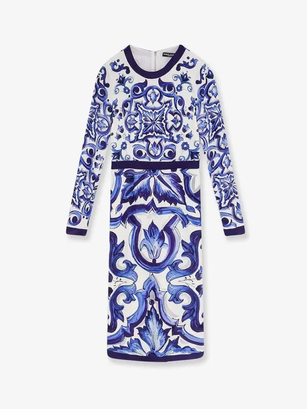 Dolce & Gabbana Silk Blend Dress With Maiolica Print - Blue