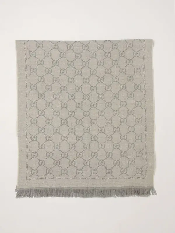 Gucci Gg Jacquard Wool Scarf With Fringed Edges - Gray