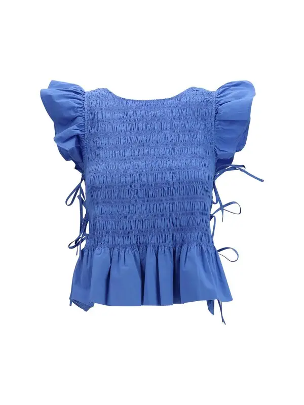 GANNI Ruched Cotton Top With Side Bows