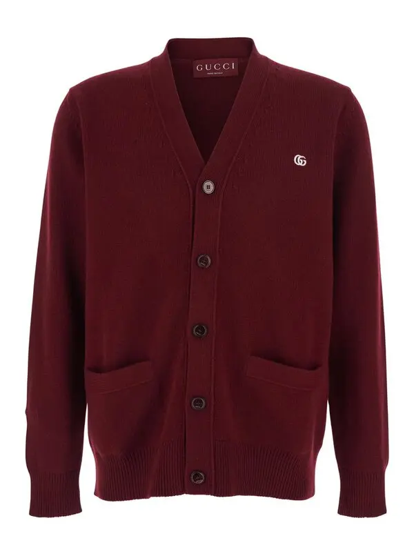 Gucci Bordeaux Cashmere Cardigan With V-neck And Gg Embroidery For - Multicolor