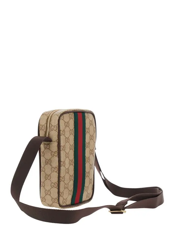 Gucci Beige Crossbody Bag With Web Stripe And Adjustable Strap In Gg Canvas For