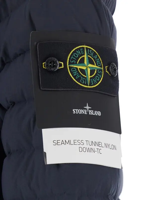 Stone Island Blue High Collar Down Jacket With Logo Patch On Sleeve In Tech Fabric For
