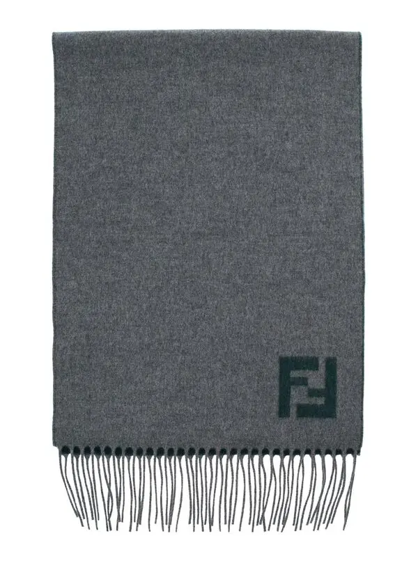 Fendi Ff' Scarf With Fringed Edge And Ff Embroidery On The Front In Wool And Cashmere For - Gray