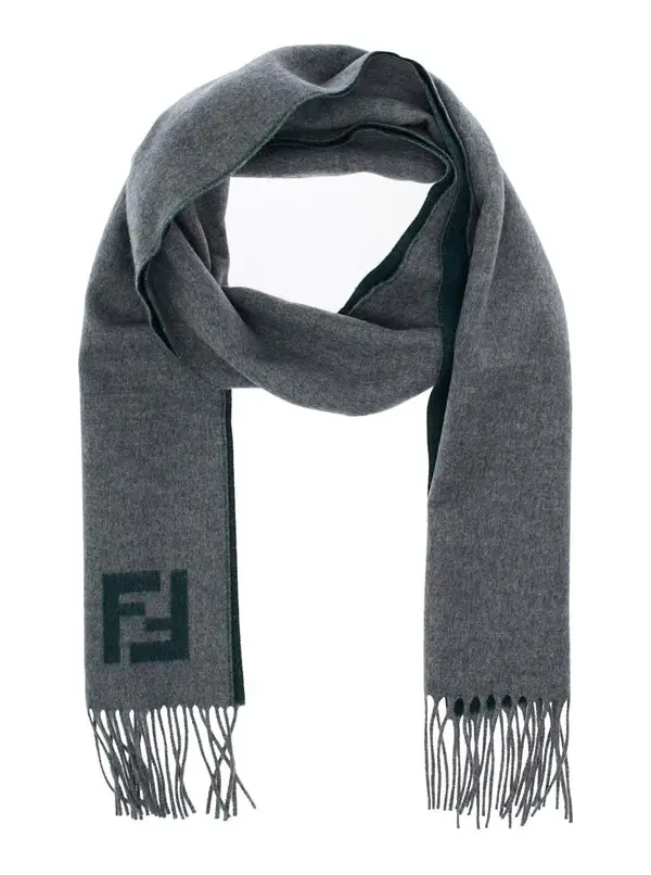 Fendi Ff' Scarf With Fringed Edge And Ff Embroidery On The Front In Wool And Cashmere For - Gray