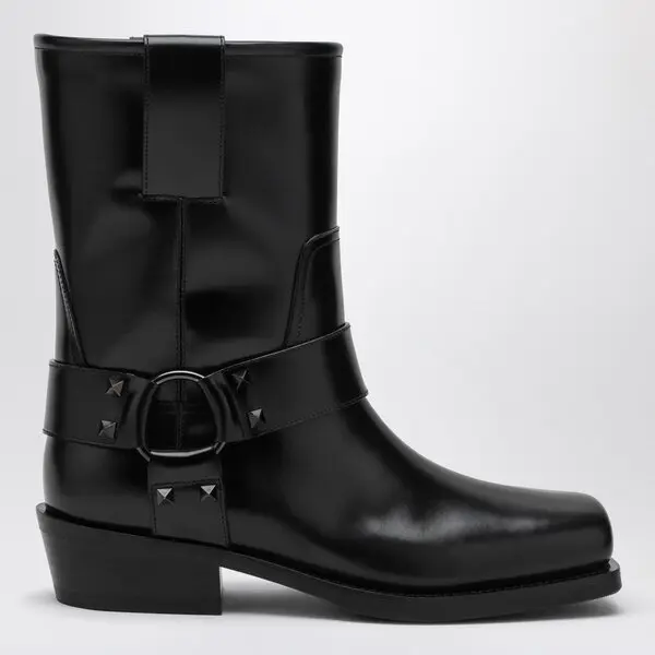 Valentino Garavani Leather Biker Rockstud Low Boot - Black