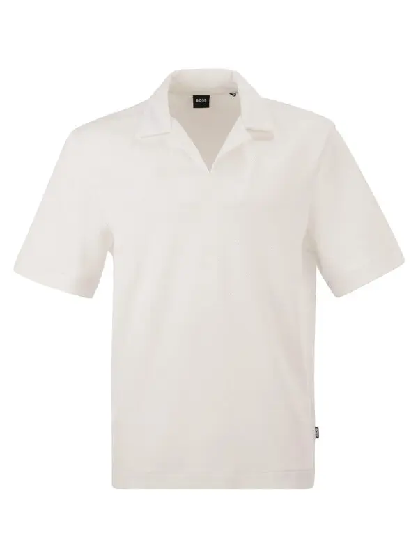 BOSS Textured Cotton Polo Shirt With Open Collar - White