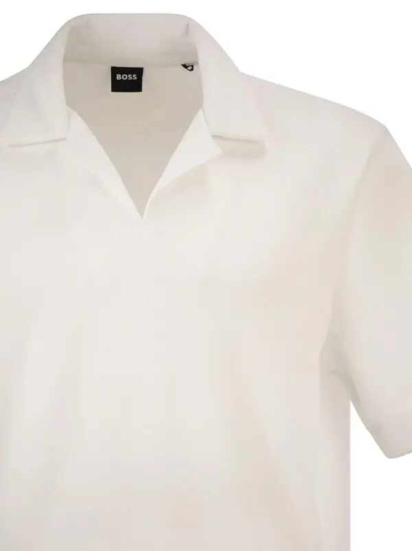 BOSS Textured Cotton Polo Shirt With Open Collar - White