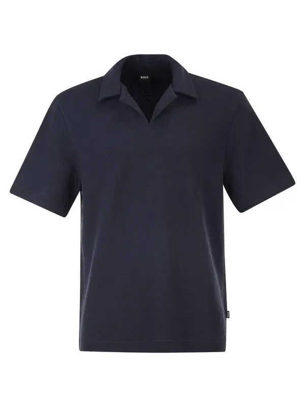 BOSS Textured Cotton Polo Shirt With Open Collar - Blue
